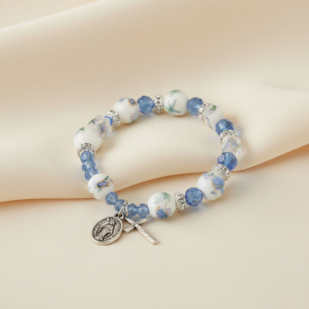 Light Blue Bracelet - Glass & Ceramic - Miraculous Medal