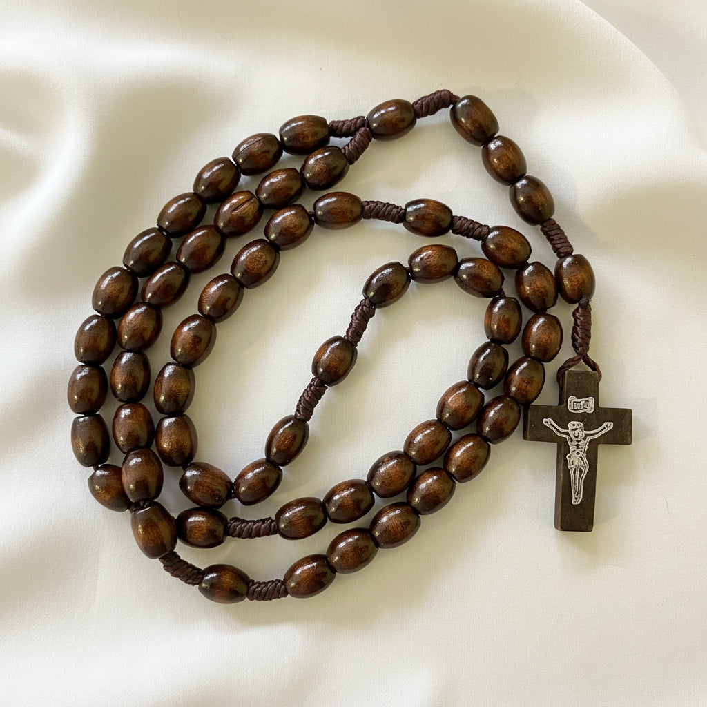 Wood Rosary with Cord and Oval Beads