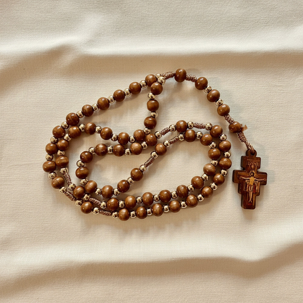 Wood Corded Rosary with Gold Beads